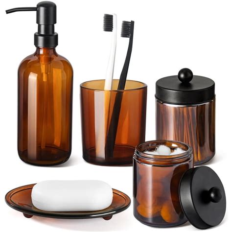 5 Piece Amber Glass Bathroom Accessory Set