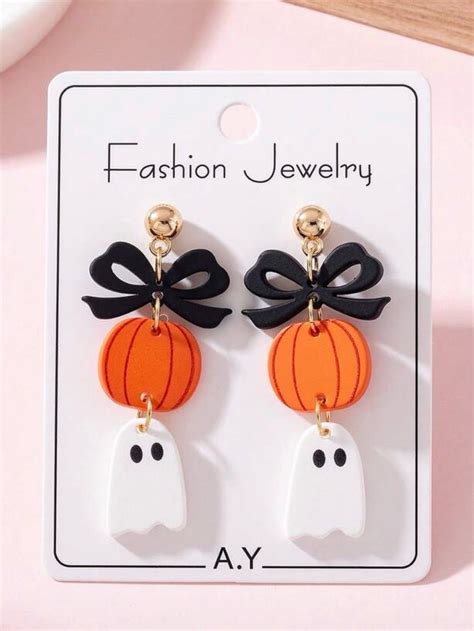Jewelry Halloween Pumpkin Ghost Drop Earrings Orange Black White