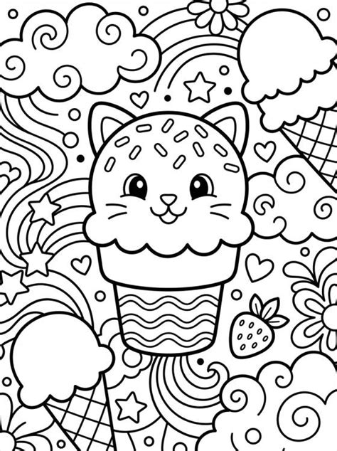 Kawaii Cat Ice Cream Coloring Page Free Printable