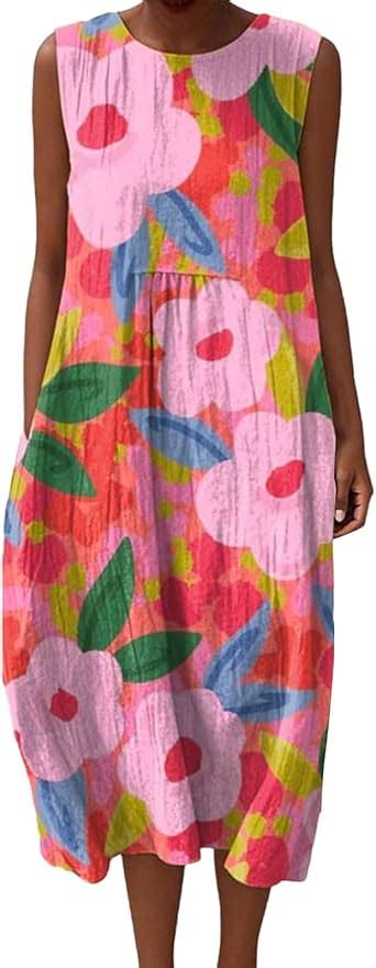 Maxi Dress For Women Uk Sleeveless Crew Neck Floral Print Pocket Plus
