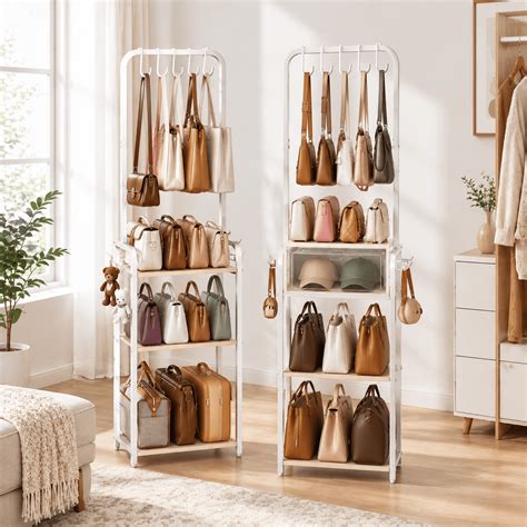 White 4 Tier Closet Purse Organizer With Hangers And Side Hooks