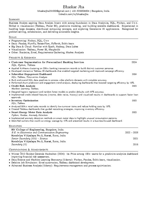 Bhaskar Jha Business Analyst Intern Summary Skills Overview Studocu
