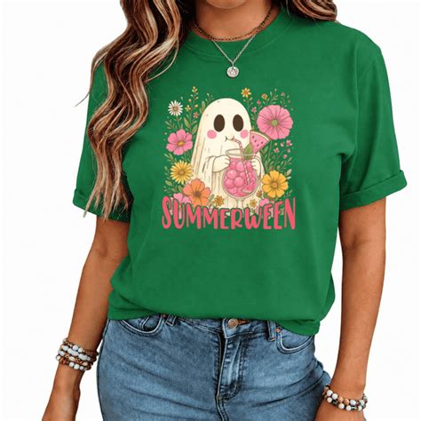 Unishe Summerween Ghost Flowers Print T Shirt Womens Colorful