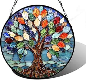 Dastoll Stained Glass Window Hanging Colorful Tree Of