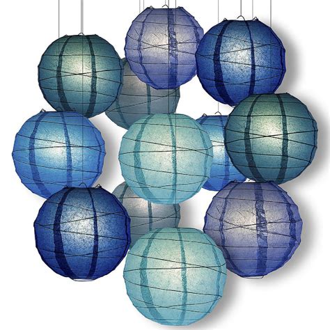 Paperlanternstore Blue Party Pack Crisscross Ribbed Paper Lantern Combo Set 12 Pc Set