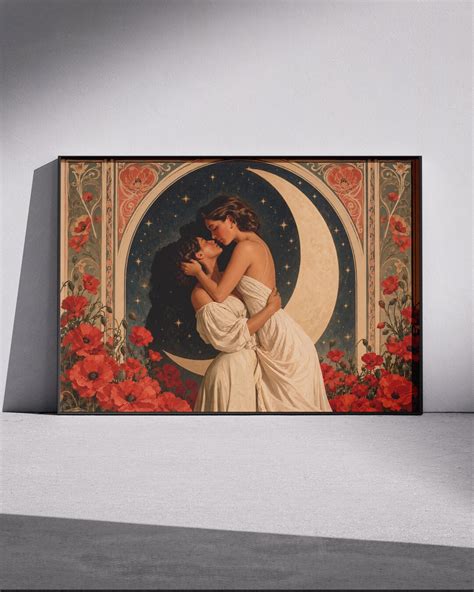 Lesbian Lovers Print Sapphic Moon Wall Art Romantic Wlw Poster Art