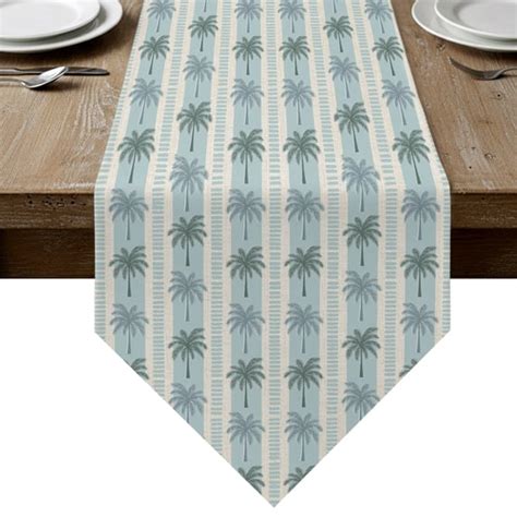 Blue Palm Trees Table Runner Linen Burlap Table Runner 72 Inches Long Summer Tropical Botanical