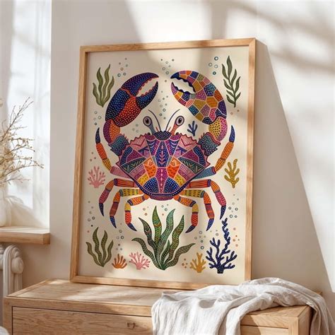 Colorful Crab Wall Art Print Coastal Sea Life Nautical Bathroom Poster