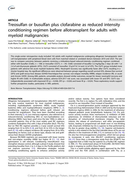 Treosulfan Or Busulfan Plus Clofarabine As Reduced Intensity