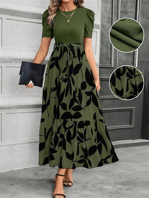 Shein Lune Robe Longue Femme à Imprimé Feuille Patchwork Mode En