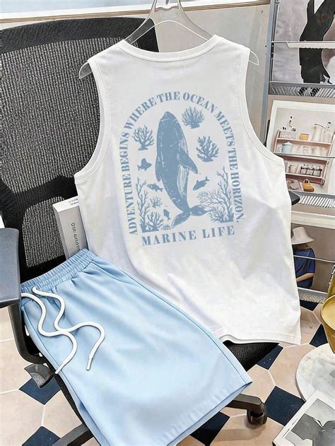 Manfinity Joysei Mens Marine Life Print Tank Top And Light Blue Woven