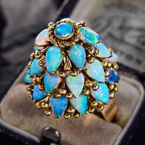 Opal Inlay Diamond Ring 14k Yellow Gold