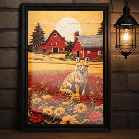 Modroom Fox Farm Folk Art Print Red Barn And Yellow Field Poster For Cottagecore Country