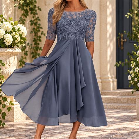 Elegant Lace Chiffon Midi Dress Sheer Sleeve Bridesmaid Wedding Guest