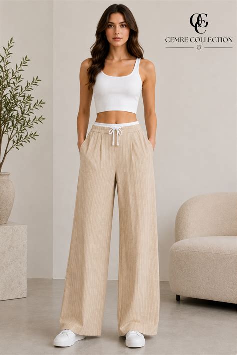 Cemre Collection Bezayağı Beli Satenli Beyaz çizgili Bol Paça Pantolon