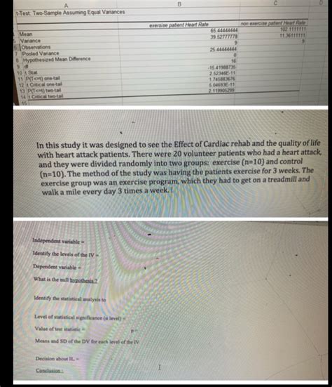 Solved T Test Two Sample Assuming Equal Variances Erersise Chegg Com