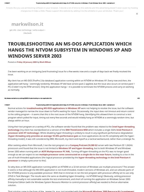 Troubleshooting An Ms Dos Application Which Hangs The Ntvdm Subsystem In Windows Xp And Windows