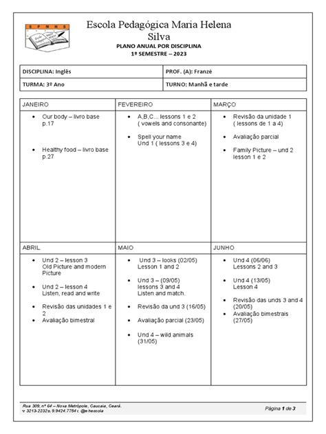 Escola Maria Helena Plano Anual Inglês 1o Semestre 2023 Pdf
