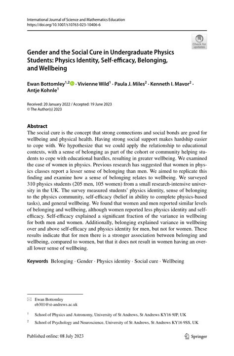 PDF Gender And The Social Cure In Undergraduate Physics Babes Physics Identity Self