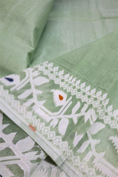 Pastel Green Korat Dhakai Jamdani Saree Bongchong