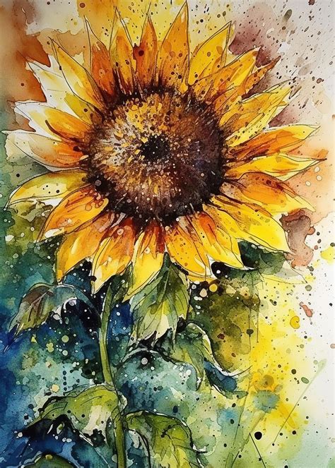 Watercolour Sunflower Poster Picture Metal Print Paint By Elly
