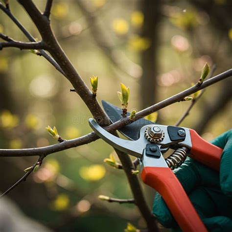 A Pair Of Pruning Shears With Red Handles Is Being Used To Trim A Tree Branch With Stock