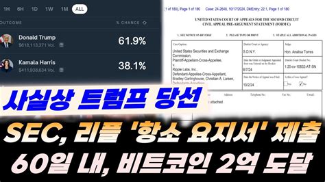리플 현행법 위반 Sec 소송 항소 요지서 제출 트럼프 승리 확신 60일내 비트코인 2억 도달한다 Xrp 비트코인 이더리움 리플 Youtube