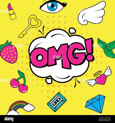 pop art omg explosion bubble with icon set design of retro expression ...