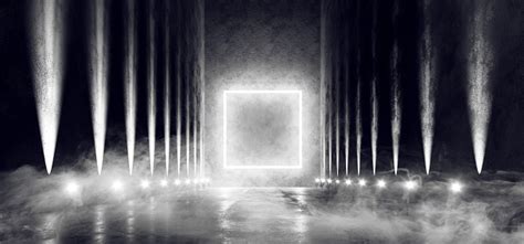 연기 공상 과학 소설 미래 지향적 인 네온 배경 큰 거 대 한 어두운 빈 그런 지 콘크리트 긴 홀 갤러리 룸 터널 복도 스포트라이트 흰색 생생한 빛나는 3d 렌더링 0명에