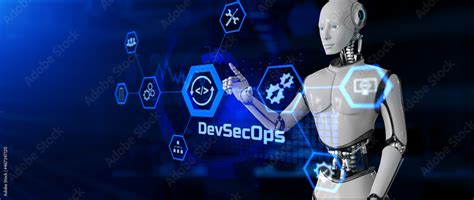 devsecops programming software development concept robot pressing