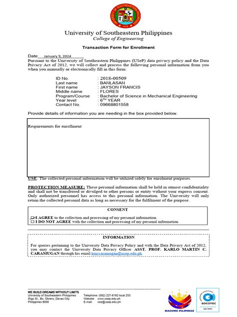 Transaction Form For Enrollment Pdf Information Privacy Data