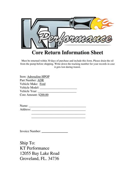Kt Performance Core Return Information Sheet Fill Online Printable