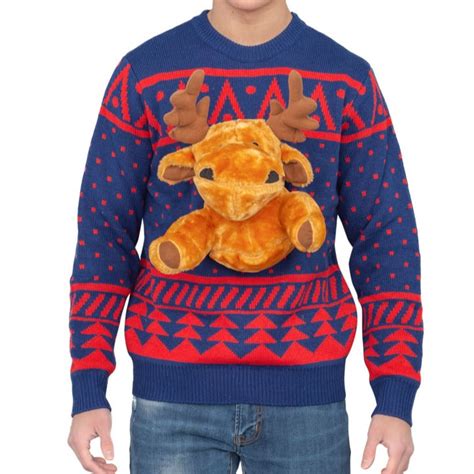 Navy 3 D Christmas Sweater With Stuffed Moose