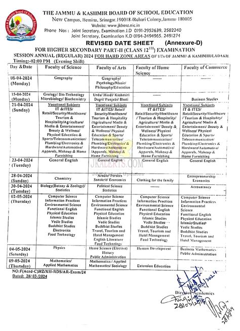 Jkbose Class 12th Revised Date Sheet Govt Private Jobs Updates Jammu