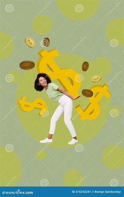 Vertical Collage Picture Young Smiling Cheerful Girl Successful Investor Carry Dollar Sign