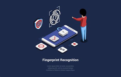 지문 인식 프로그램 개념에 대한 벡터 일러스트레이션 만화 스타일의 등대 3d 구성 어두운 배경과 쓰기 손가락으로 휴대 전화 또는 응용 프로그램의 잠금을 해제합니다 인간 서