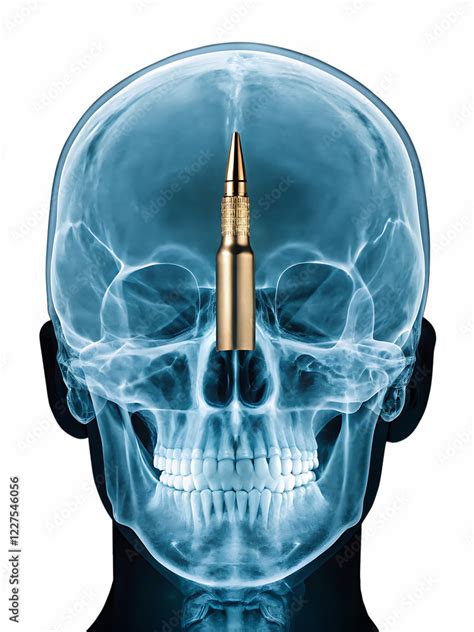 X Ray Image Of Human Skull With Bullet Inside Brain Isolated On White