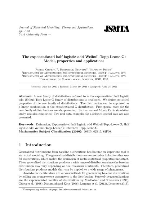Pdf The Exponentiated Half Logistic Odd Weibull Topp Leone G Model Properties And Applications