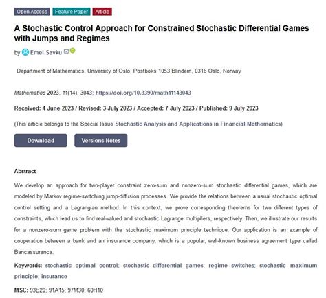 Mathematics Mdpi On Linkedin A Stochastic Control Approach For