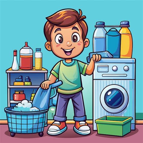 Una Caricatura De Un Niño Con Una Canasta De Lavandería Y Una Caja De