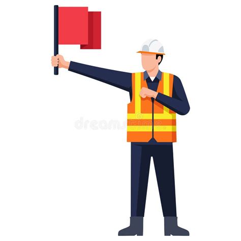 Construction Worker Holding Red Flag Safety Signal Flat Design Illustration Stock Vector