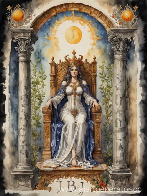 Watercolor Tarot Art Arcanum Priestess With Crescent Headpiece And Open Book On Throne Ai Art