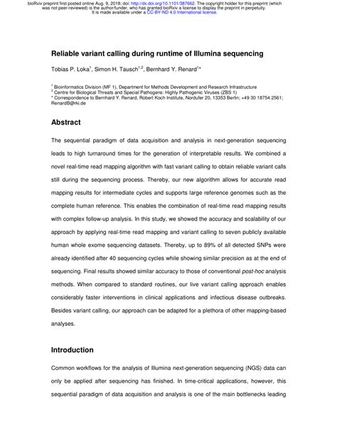 Pdf Reliable Variant Calling During Runtime Of Illumina Sequencing