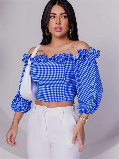 Cropped Xadrez Babado Blusa Feminina Top Xadrez Manga Longa Duna Veste 38 42 Coleção Tendência