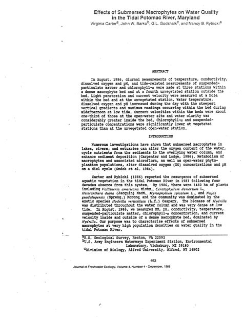 Pdf Effects Of Submersed Macrophytes On Water Quality In The Tidal Potomac River Maryland
