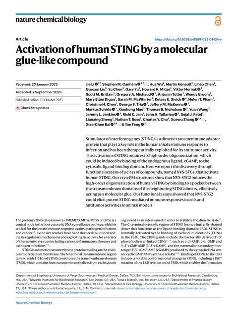 Pdf Activation Of Human Sting By A Molecular Glue Like Compound