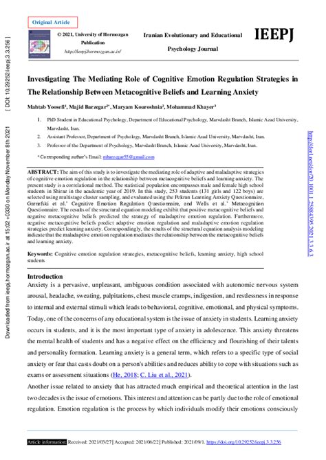 Pdf Investigating The Mediating Role Of Cognitive Emotion Regulation