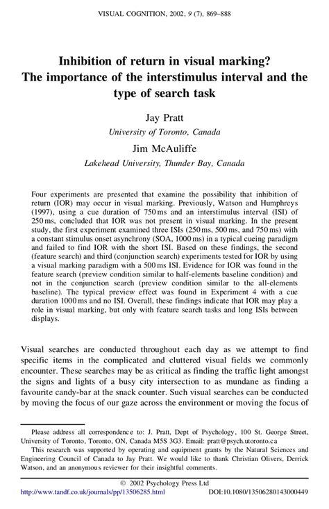 Pdf Inhibition Of Return In Visual Marking The Importance Of The Interstimulus Interval And