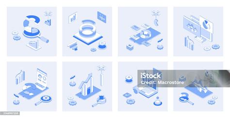 데이터 분석 3d 등각 투영 개념은 웹을위한 등각 투영 아이콘 디자인으로 설정됩니다 차트 및 그래프 모음 마케팅 조사 재무