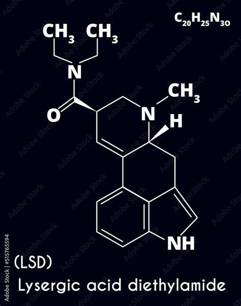 Lsd Molecule Isolated On Black Background Recreational Drug Vector Illustration Stock Vector